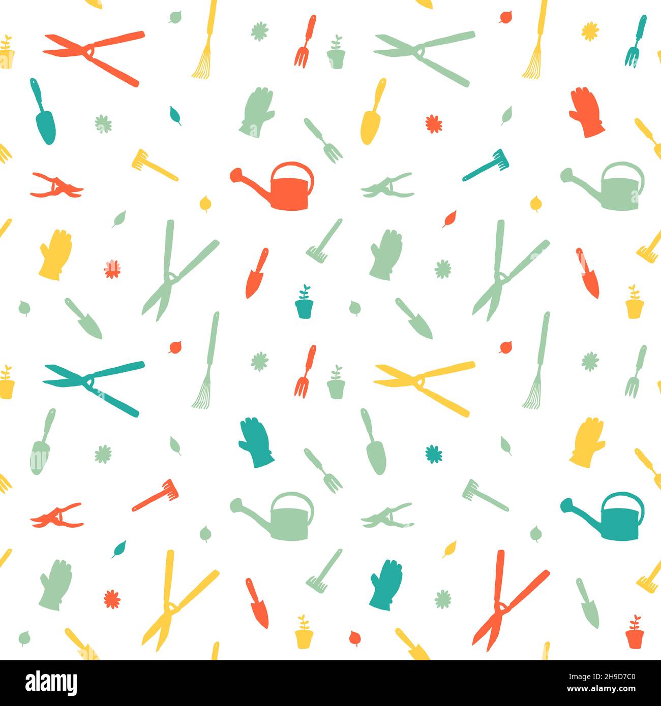 Garden tools colorful cartoon doodle seamless pattern. Gardening hobby ...