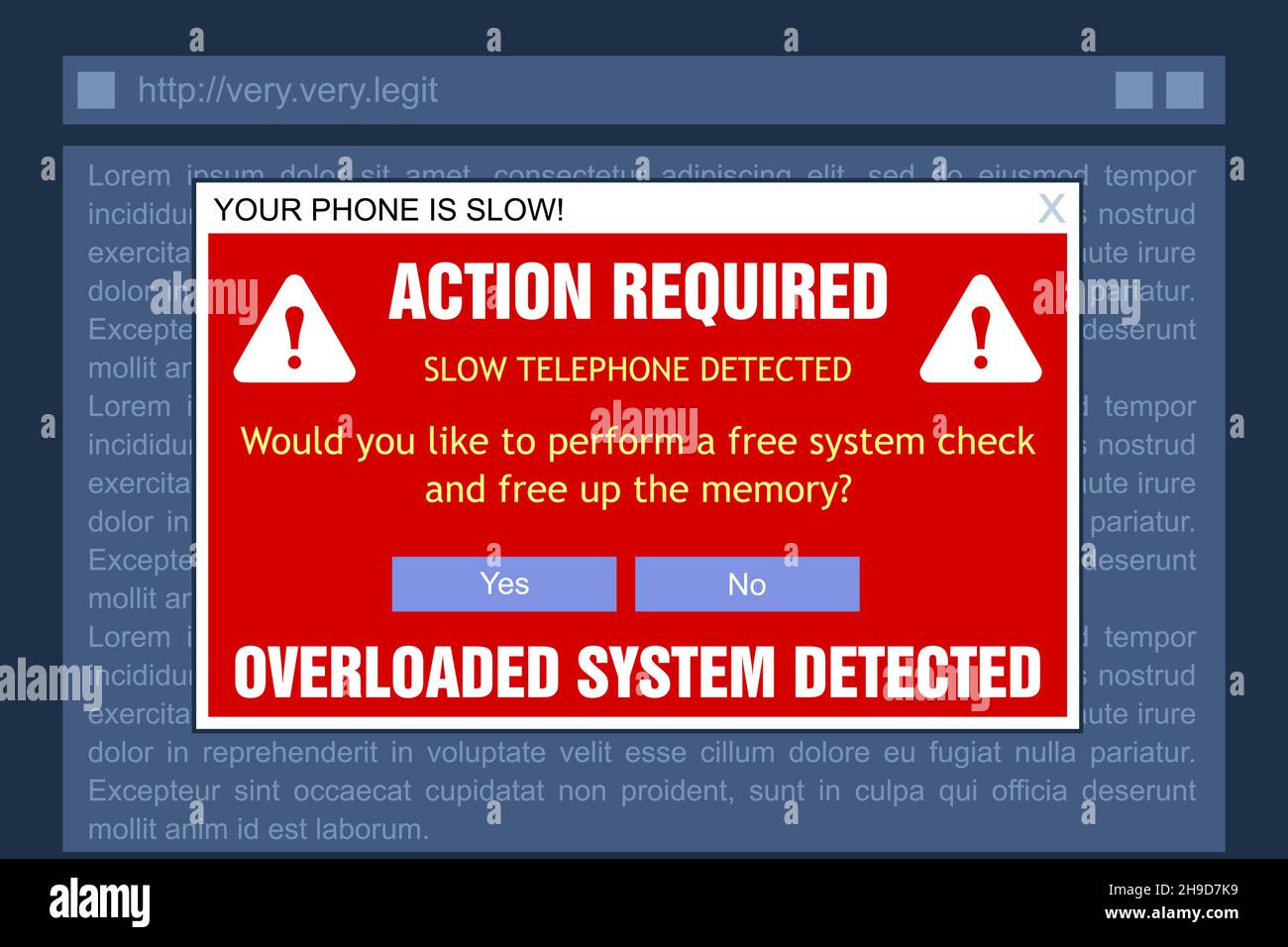 Online scam popup. Phishing attempt - fake slow phone system check ...