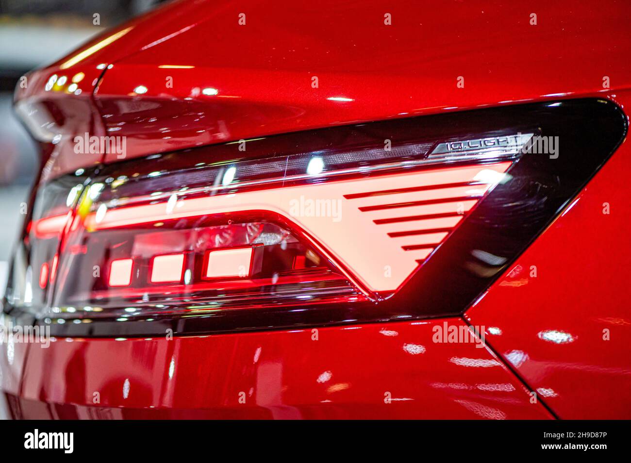 Riga, Latvia, Sep 24, 2021: rear LED lights closeup of nev red ...