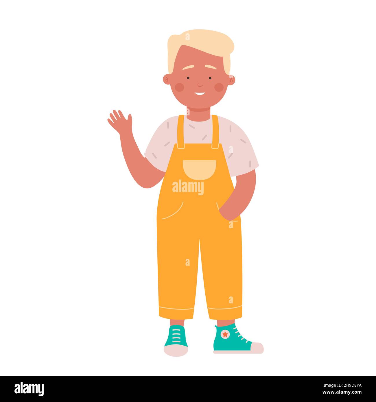 Cute little blonde boy waving greetings hello. Friendly cheerful ...