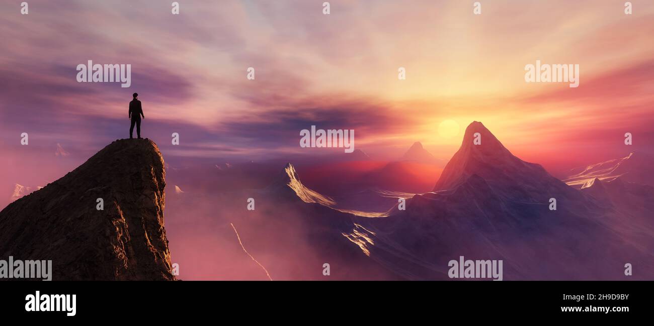 Dramatic View of Adventurous Man standing on top of a rocky peak Stock ...