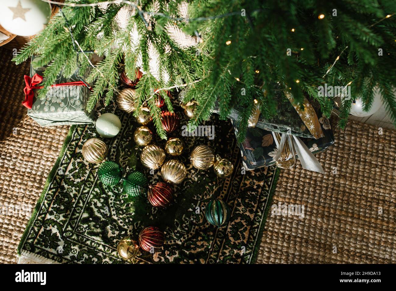 Christmas tree toys are scattered under the Christmas tree Stock Photo ...