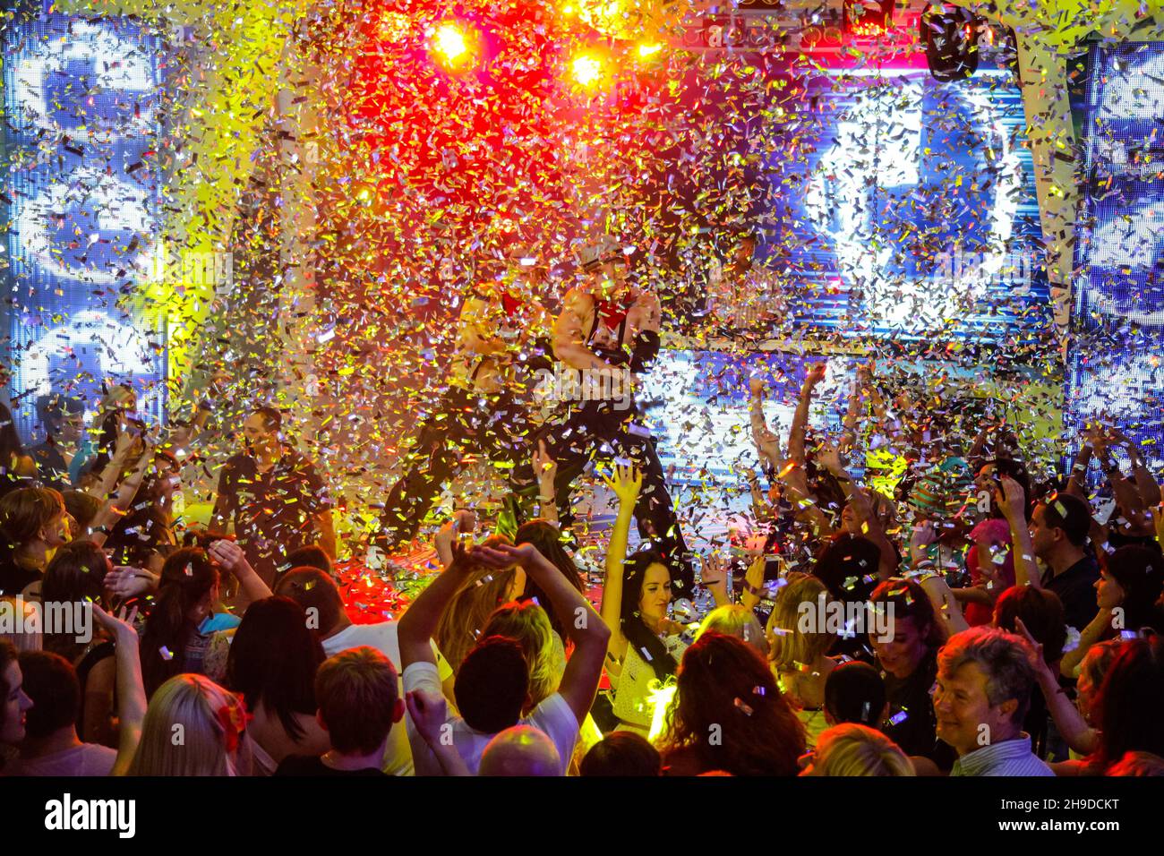 Odessa, Ukraine June 28, 2013: night party festival crowd of people ...