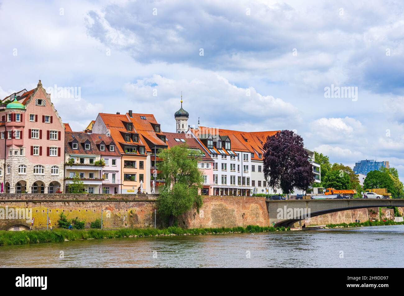 Ulm, Baden-Württemberg, Germany: The Danube riverfront with housing ...