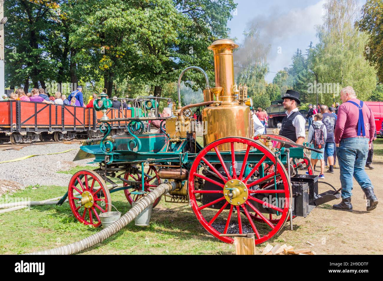 ZAMBERK, CZECHIA - SEPTEMBER 15, 2018: Steam pumper fire engine in the ...