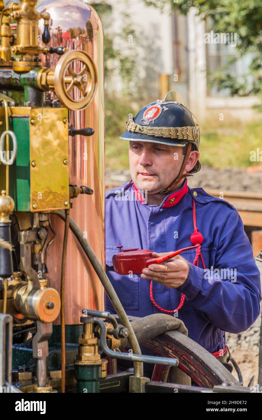 ZAMBERK, CZECHIA - SEPTEMBER 15, 2018: Firefighter wearing a ...