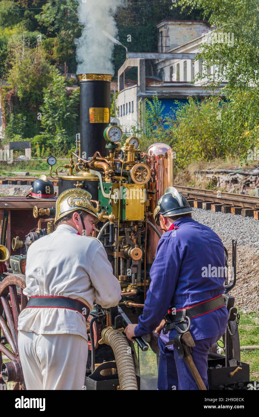 ZAMBERK, CZECHIA - SEPTEMBER 15, 2018: Firefighters wearing traditional ...