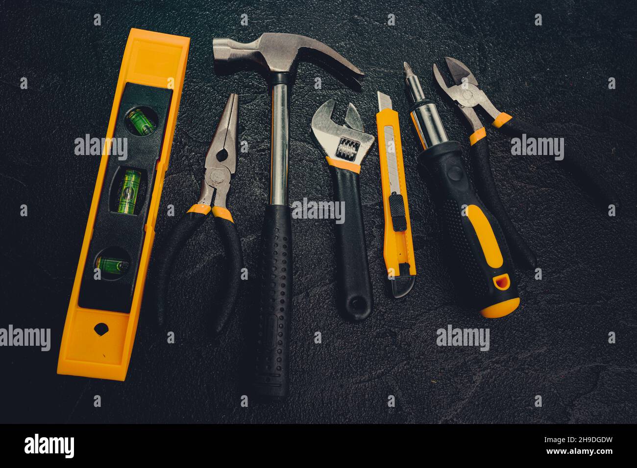 Basic Home Repair Tools On Black Background Stock Photo - Alamy