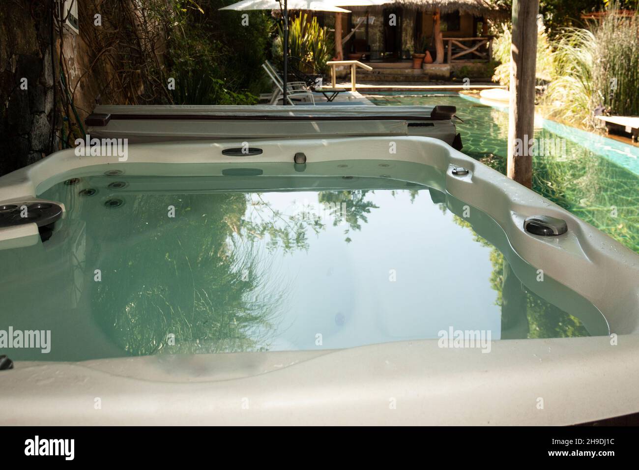 Jacuzzi surrounded by rush plants and bamboo natural pool in Mexico ...