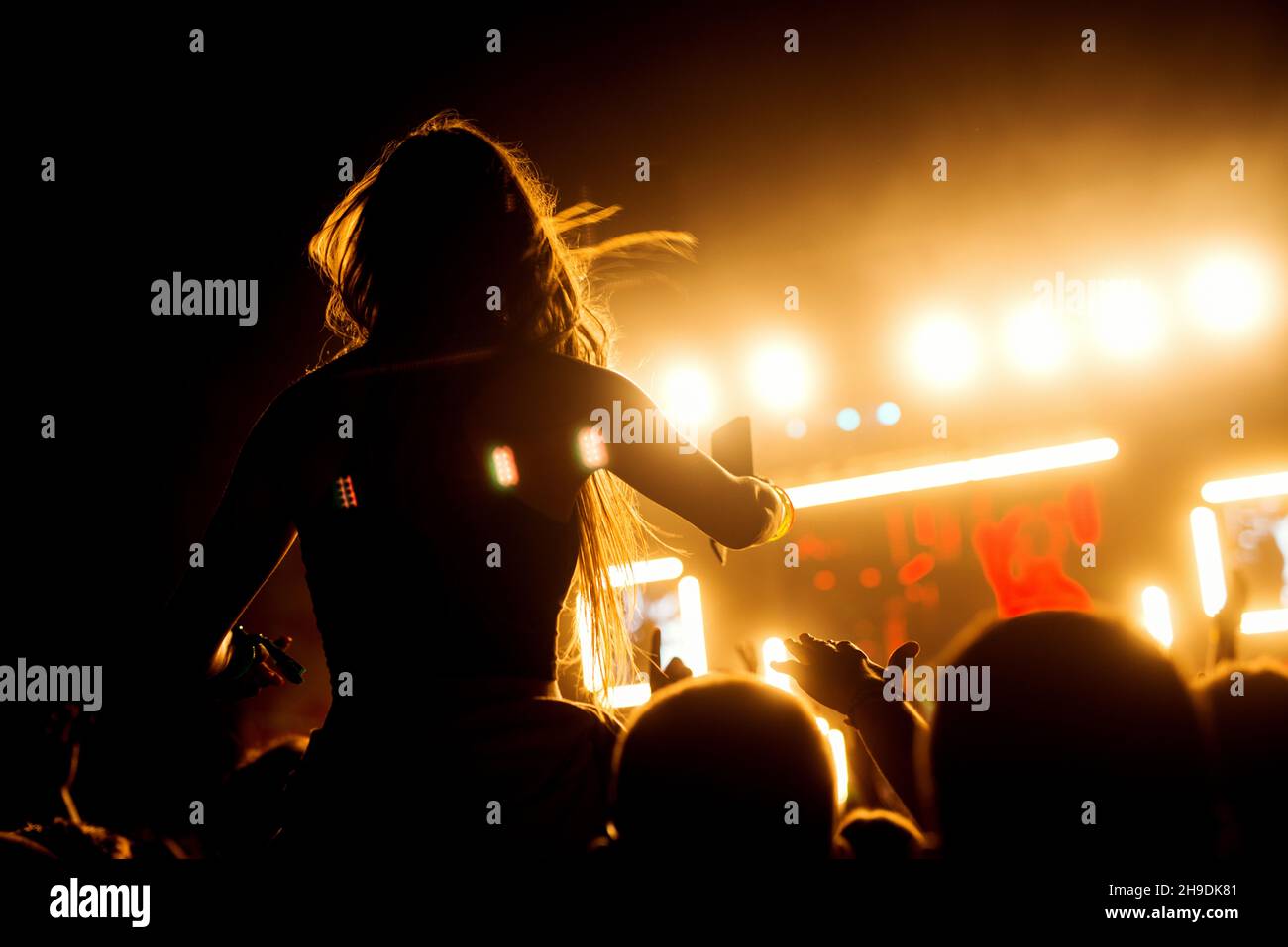 People crowd at concert silhouette with raised arms in the air making ...