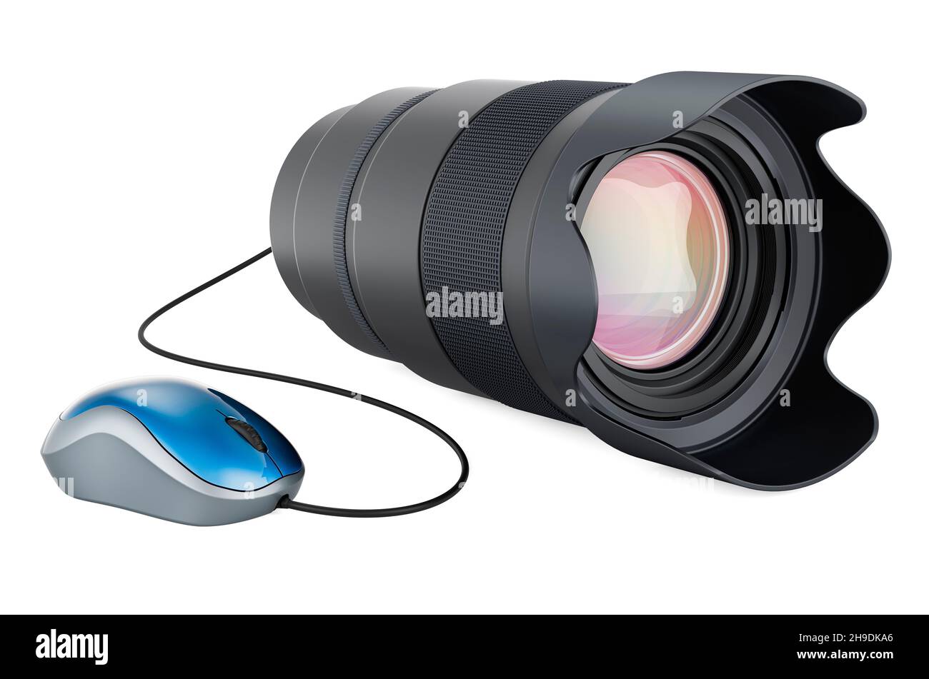 Camera lens with computer mouse. 3D rendering isolated on white ...