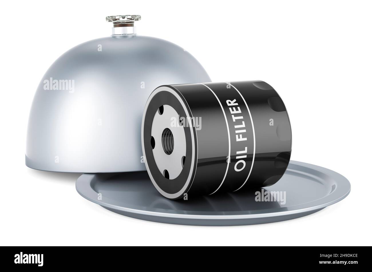 Restaurant cloche with car oil filter. 3D rendering isolated on white ...