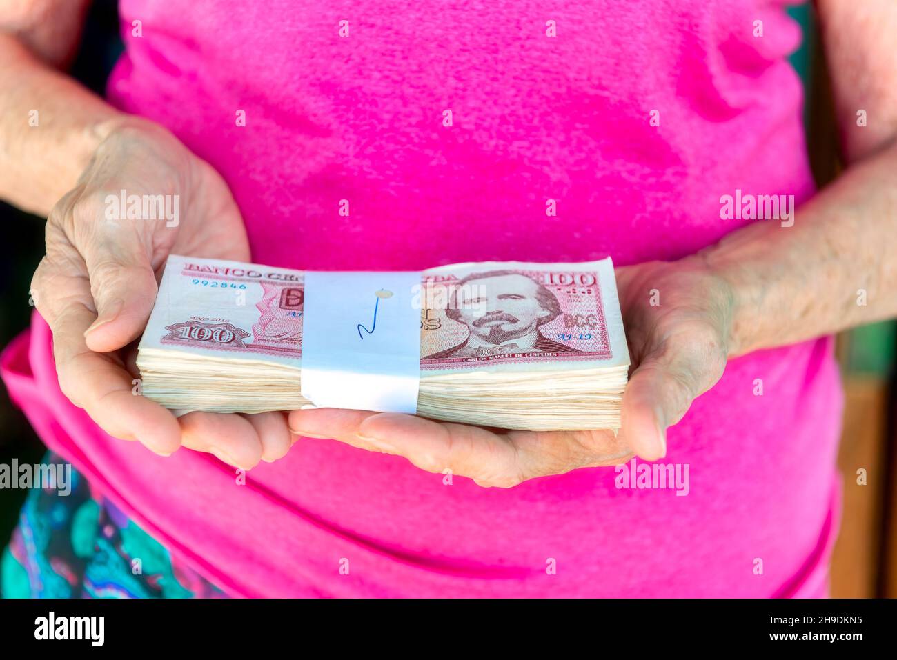 Inflation in Cuba. Hands of a female woman holding a large wad of 100 ...