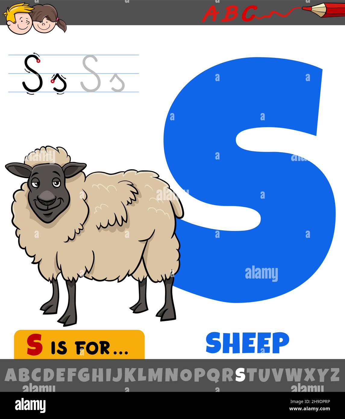Educational cartoon illustration of letter S from alphabet with sheep ...