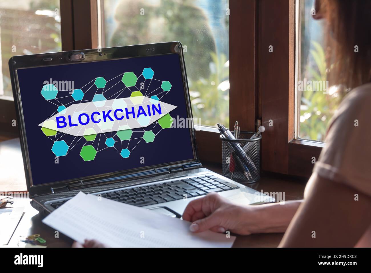 Laptop screen displaying a blockchain concept Stock Photo - Alamy
