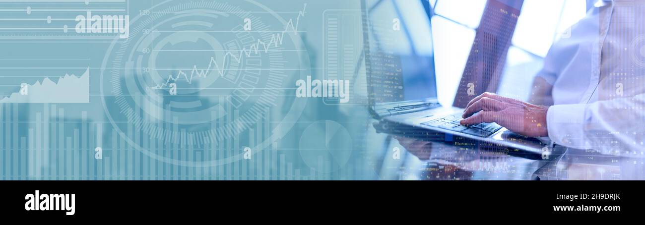 Businessman using laptop, light effect, double exposure. panoramic ...