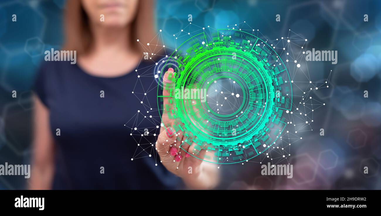 Woman touching a technology concept on a touch screen with her finger ...