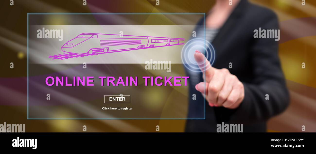 Woman touching an online train ticket concept on a touch screen with ...