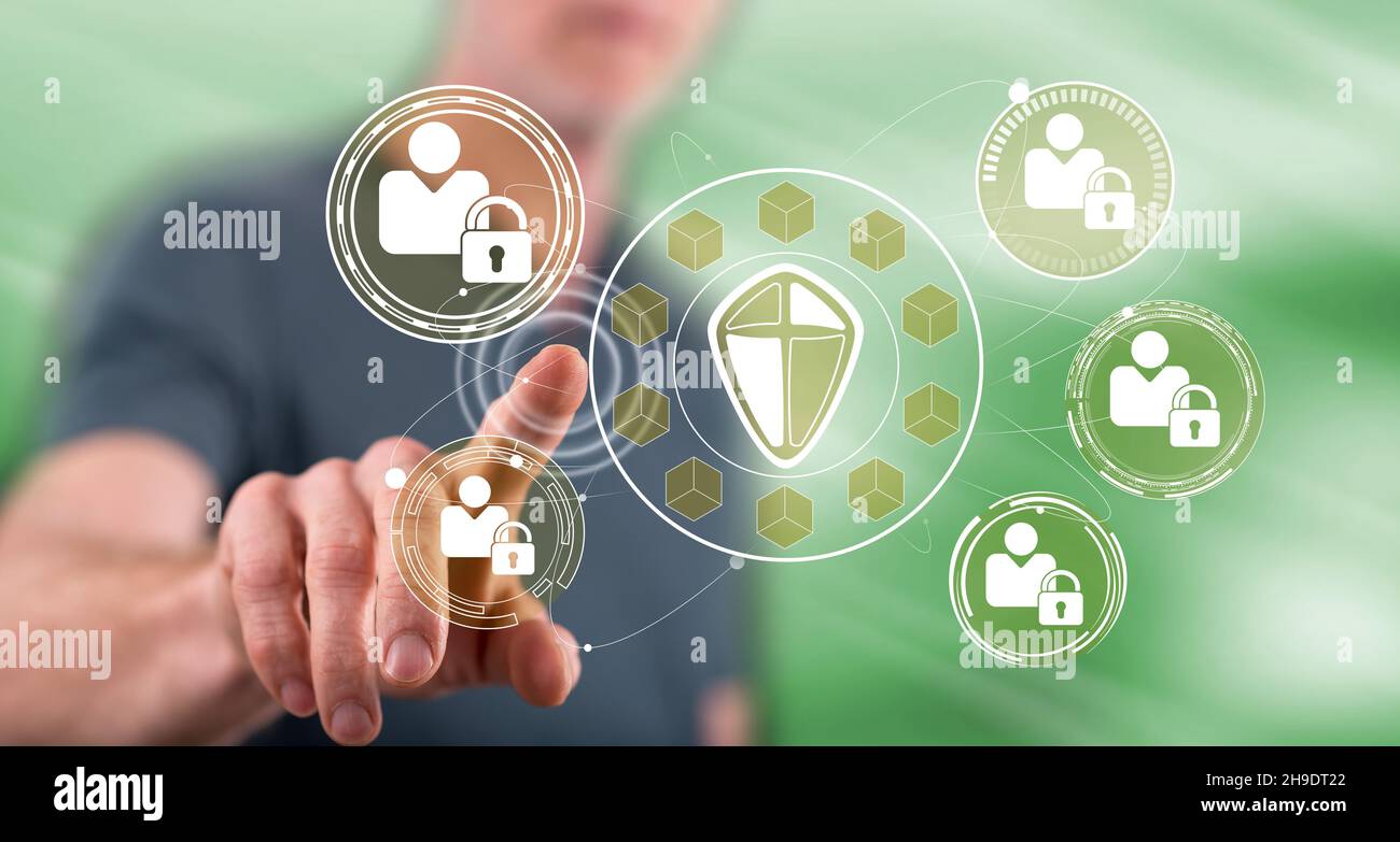 Man touching personal data security concept on a touch screen with his ...