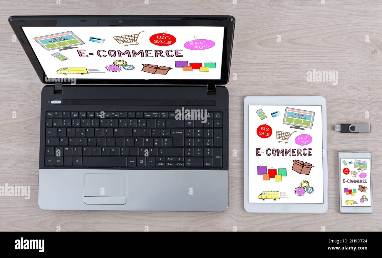 E-commerce concept shown on different information technology devices ...
