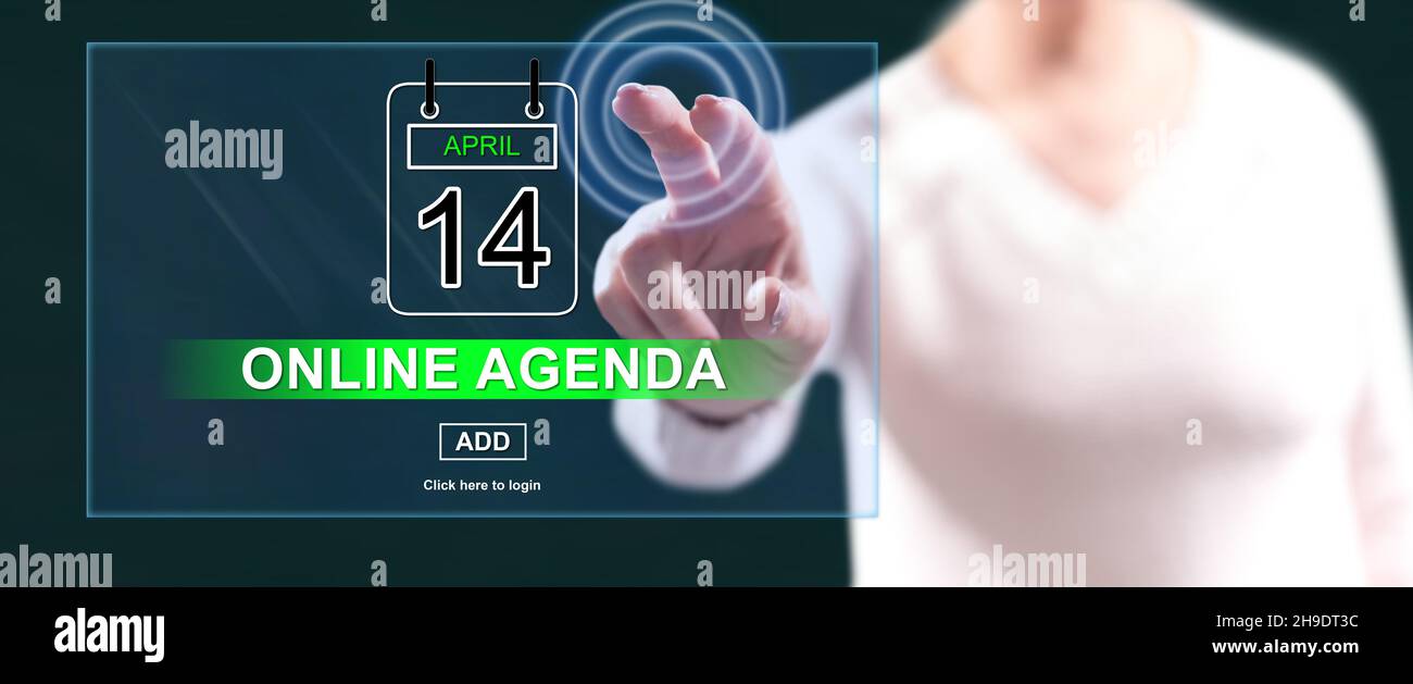 Woman touching an online agenda concept on a touch screen with her ...