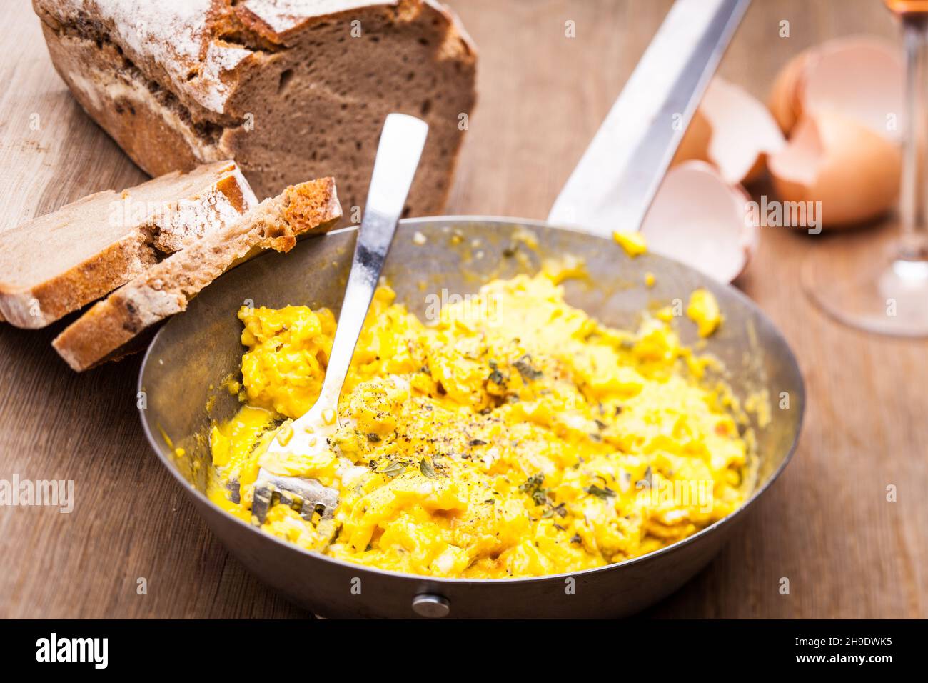 scrambled eggs, pan, old, eggshell, bread, board, wooden board, wooden ...