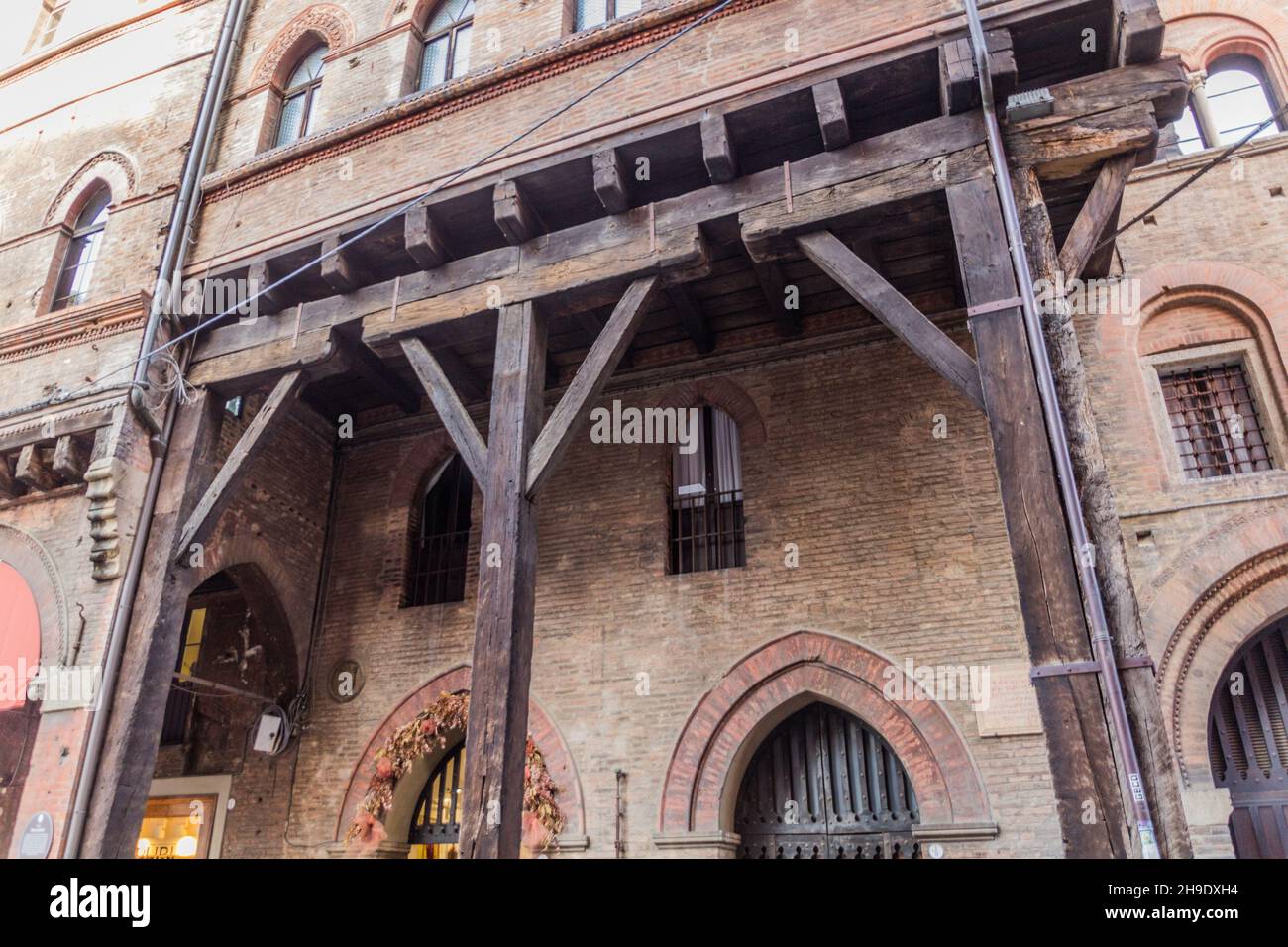Wooden beam portico of Palazzo Grassi palace in Bologna, Italy Stock ...