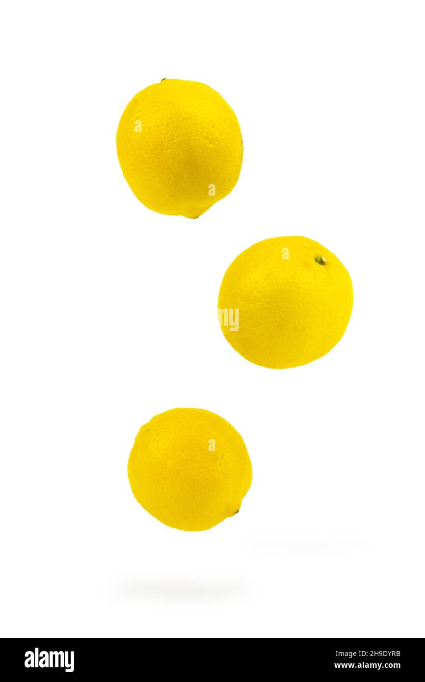 Juicy ripe flying yellow lemons fruit, set of falling delicious lemons ...