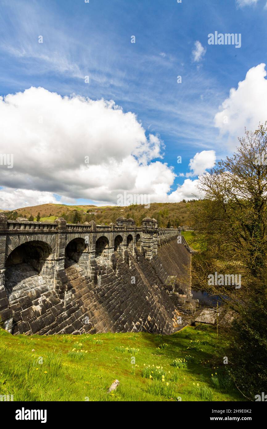 View of the Dam of the lake Llyn Vyrnwy reservoir, Oswestry, Powys ...