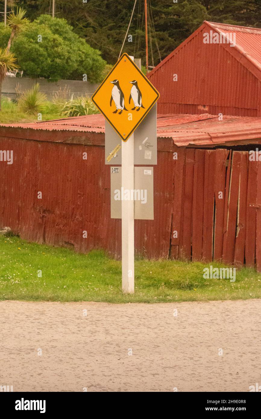 Yellow Eye Penguin (Hoiho) signpost in Oamaru, New Zealand Stock Photo ...