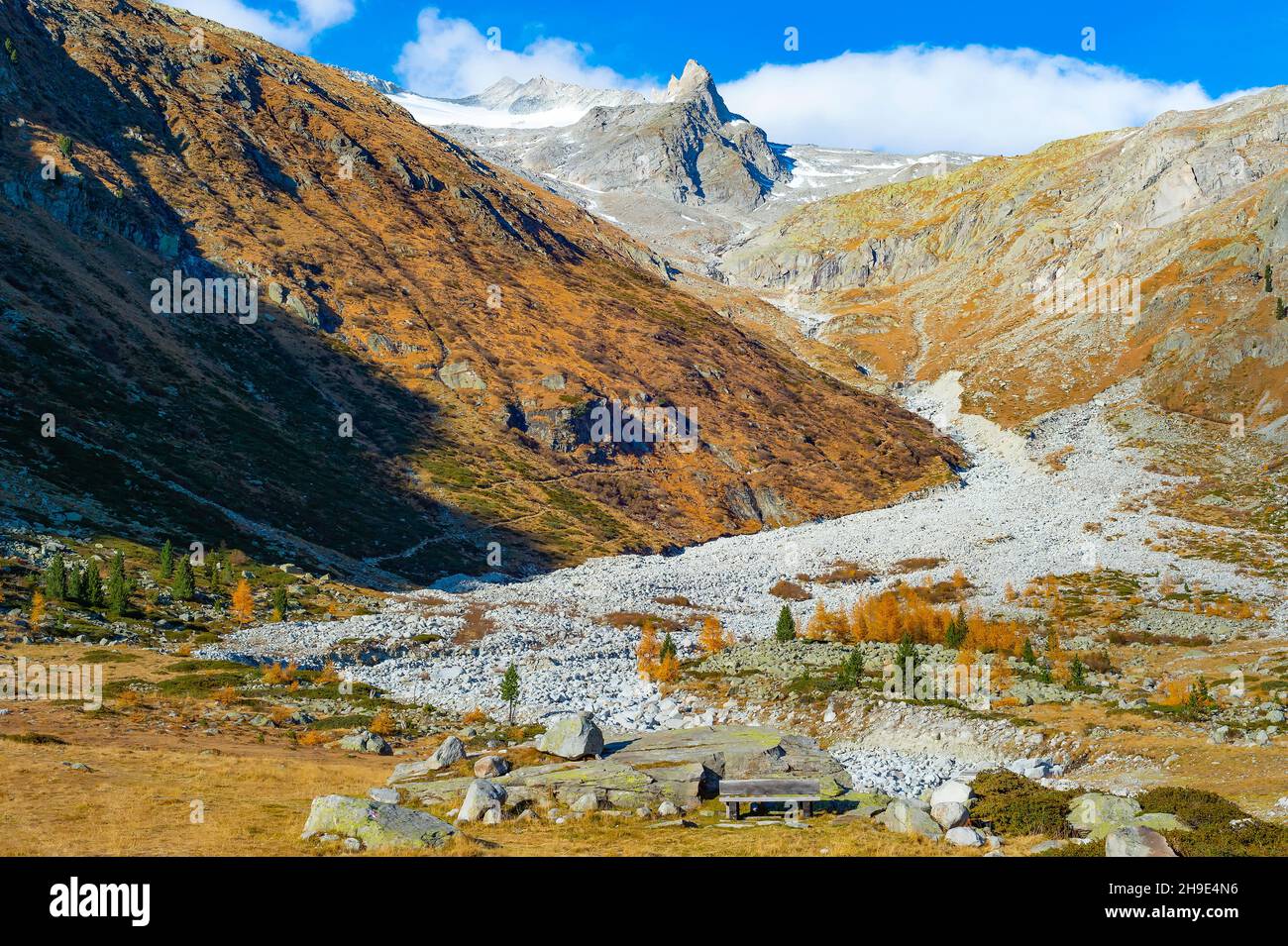 Mountain landscape with snowy peak in sunshine, Alps, Italy Stock Photo ...