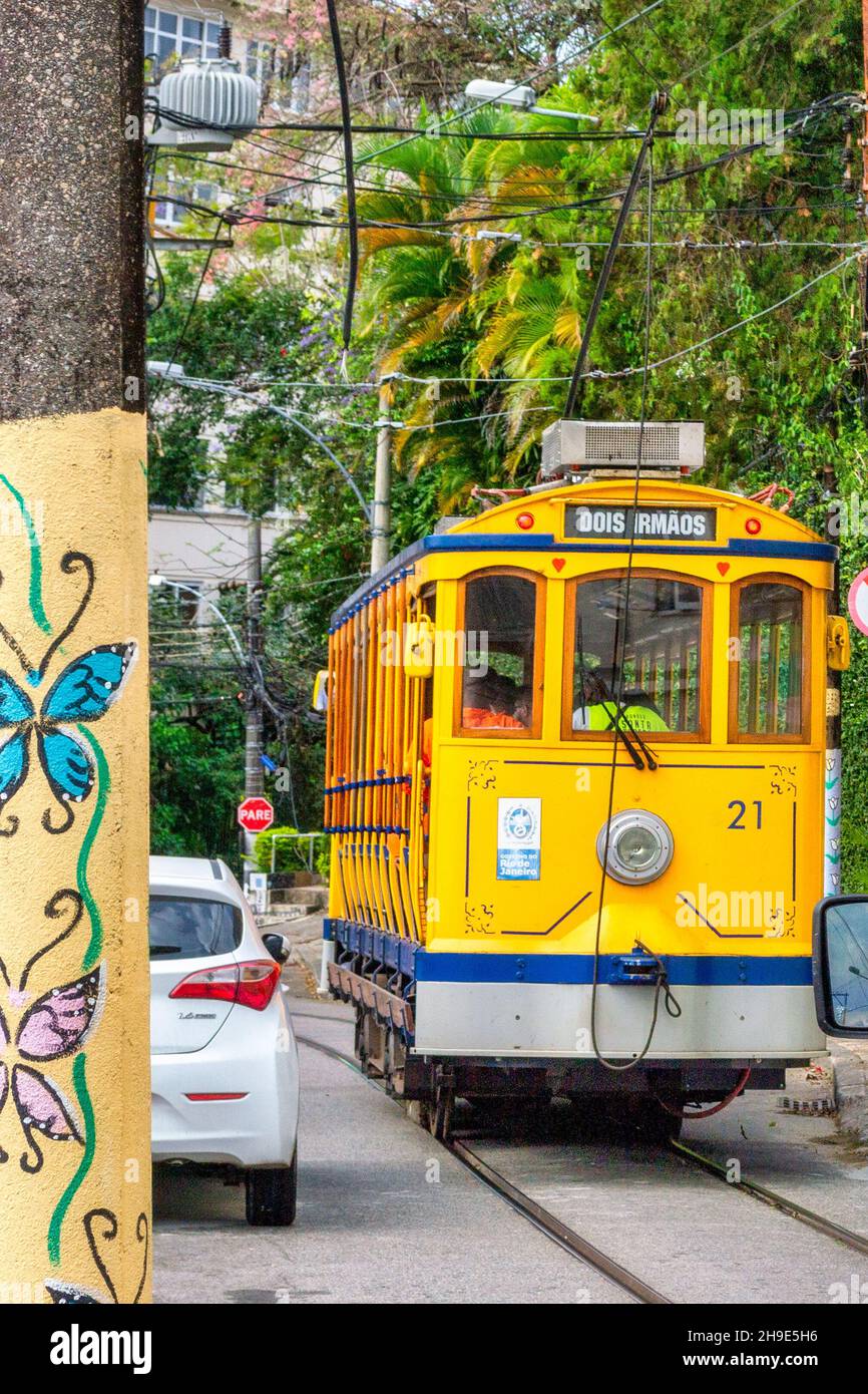 Vintage tramway, streetcar, tram vehicle in Rio de Janeiro, Brazil ...