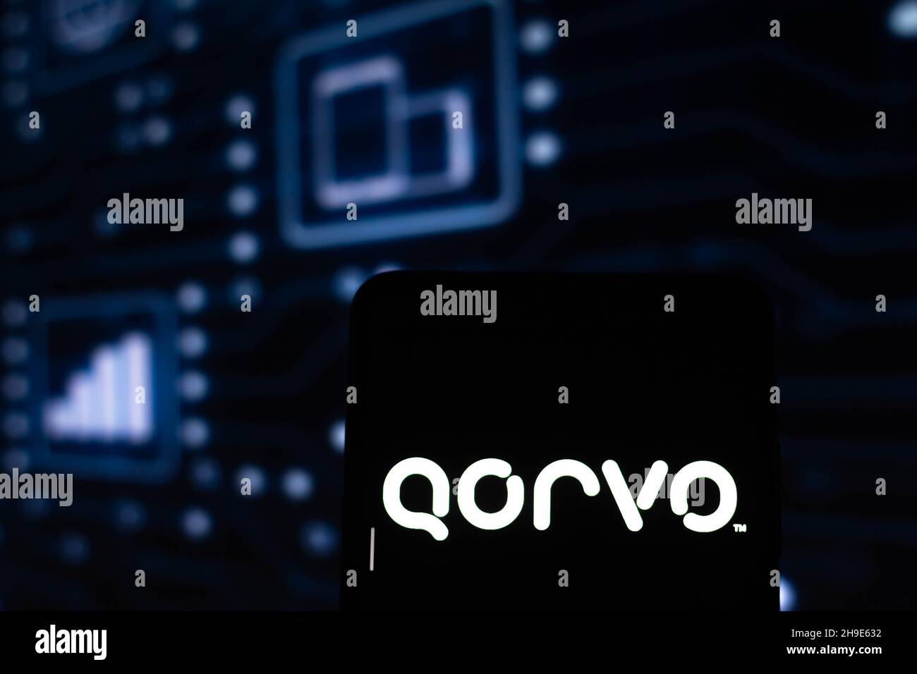 Brazil. 06th Dec, 2021. In this photo illustration the Qorvo logo seen displayed on a smartphone ...