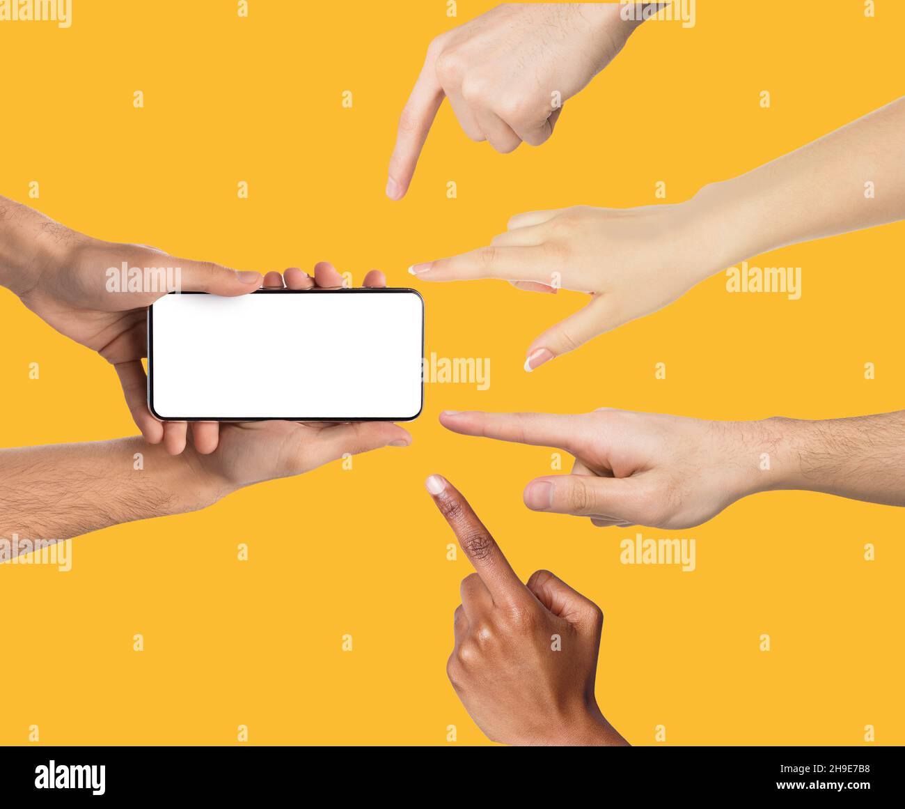 Male hands holding smartphone, people pointing at screen Stock Photo ...