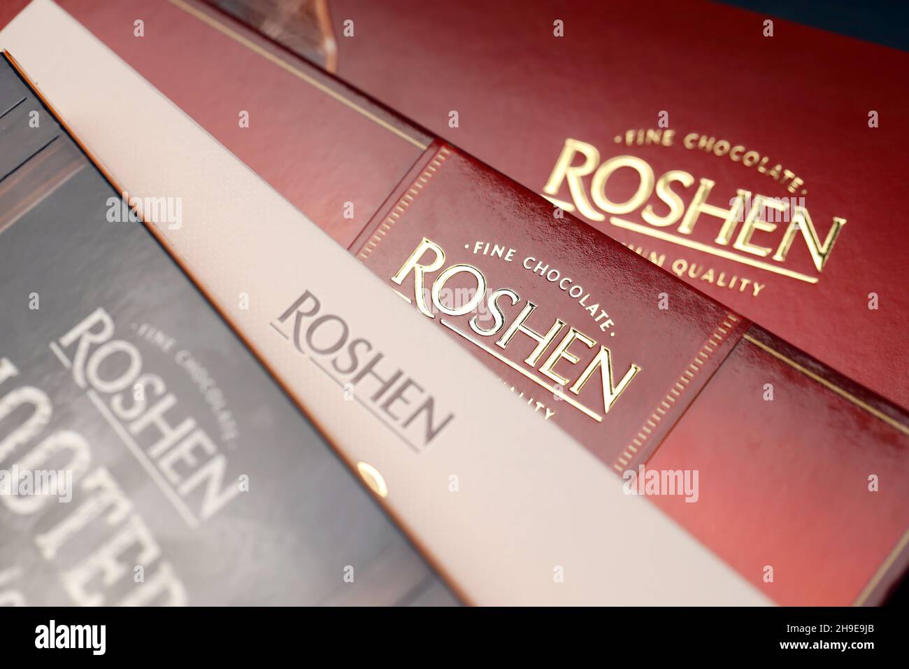 KHARKOV, UKRAINE - JANUARY 11, 2021: Roshen chocolate candies boxes ...