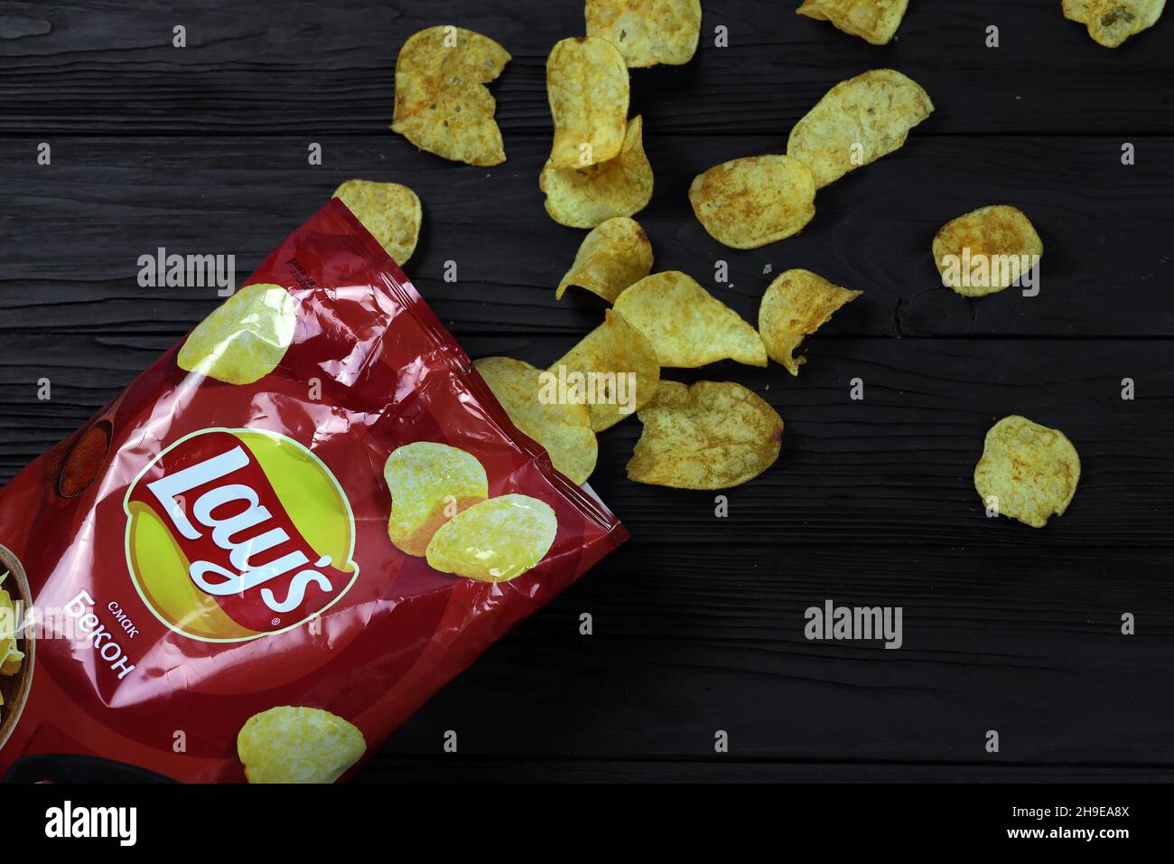 KHARKOV, UKRAINE - JANUARY 3, 2021: Lays potato chips with bacon ...