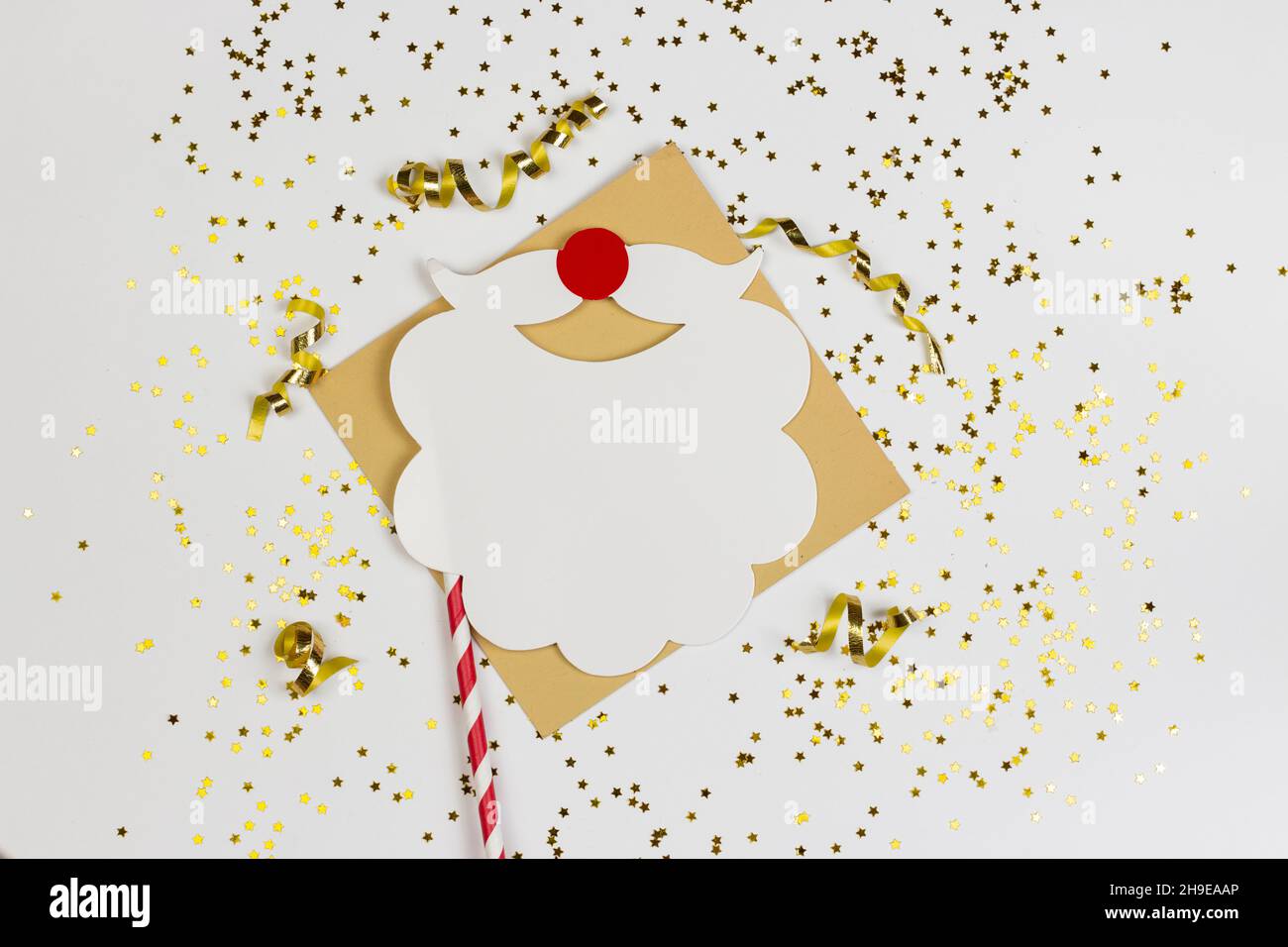 Paper cut Santa Claus beard and red nose with golden confetti and stars ...