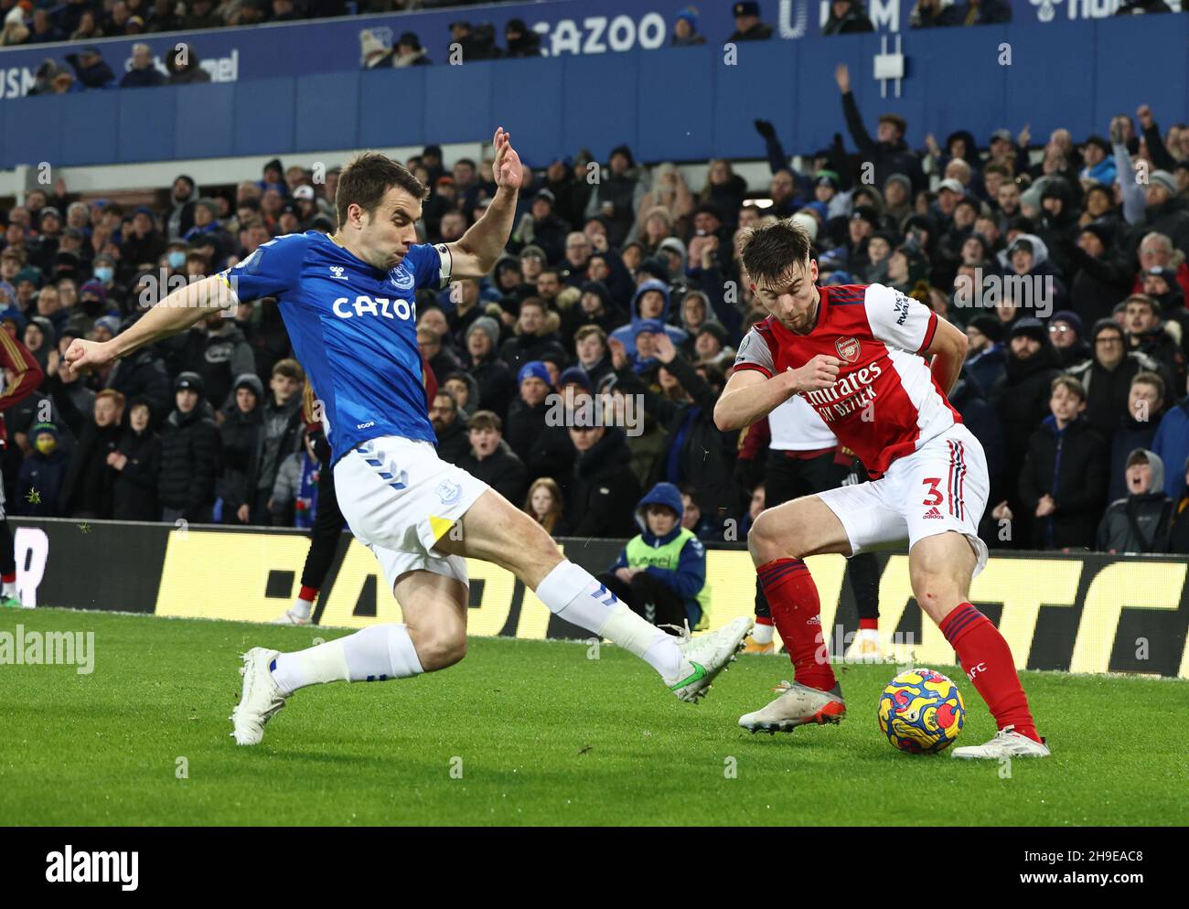 Liverpool, UK. 6th Dec, 2021. Seamus Coleman of Everton tackles Kieran ...