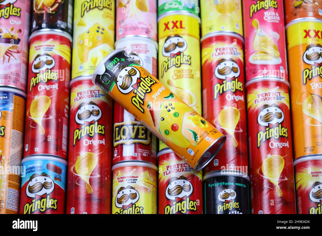 KHARKOV, UKRAINE - MARCH 30, 2021: Many Pringles cylinder chips boxes ...