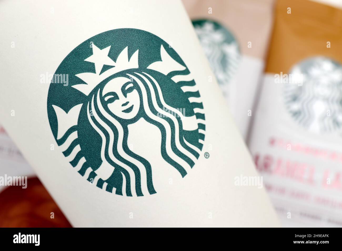 KHARKOV, UKRAINE - JULY 2, 2021: Starbucks cup with green logo ...