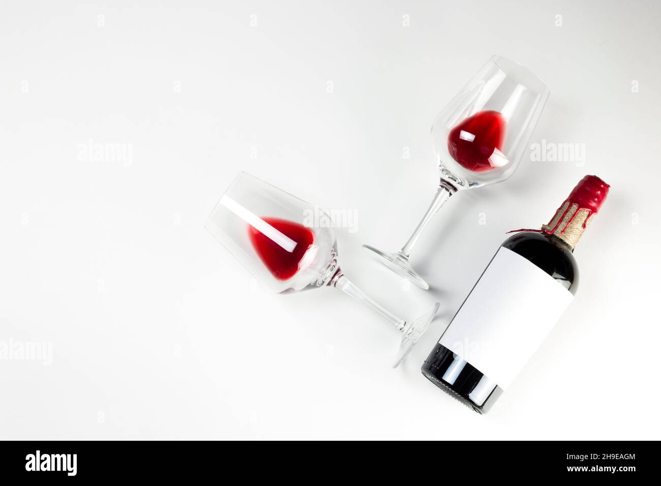 Wine flat lay, top view mockup abstract composition. Bottle and glass ...