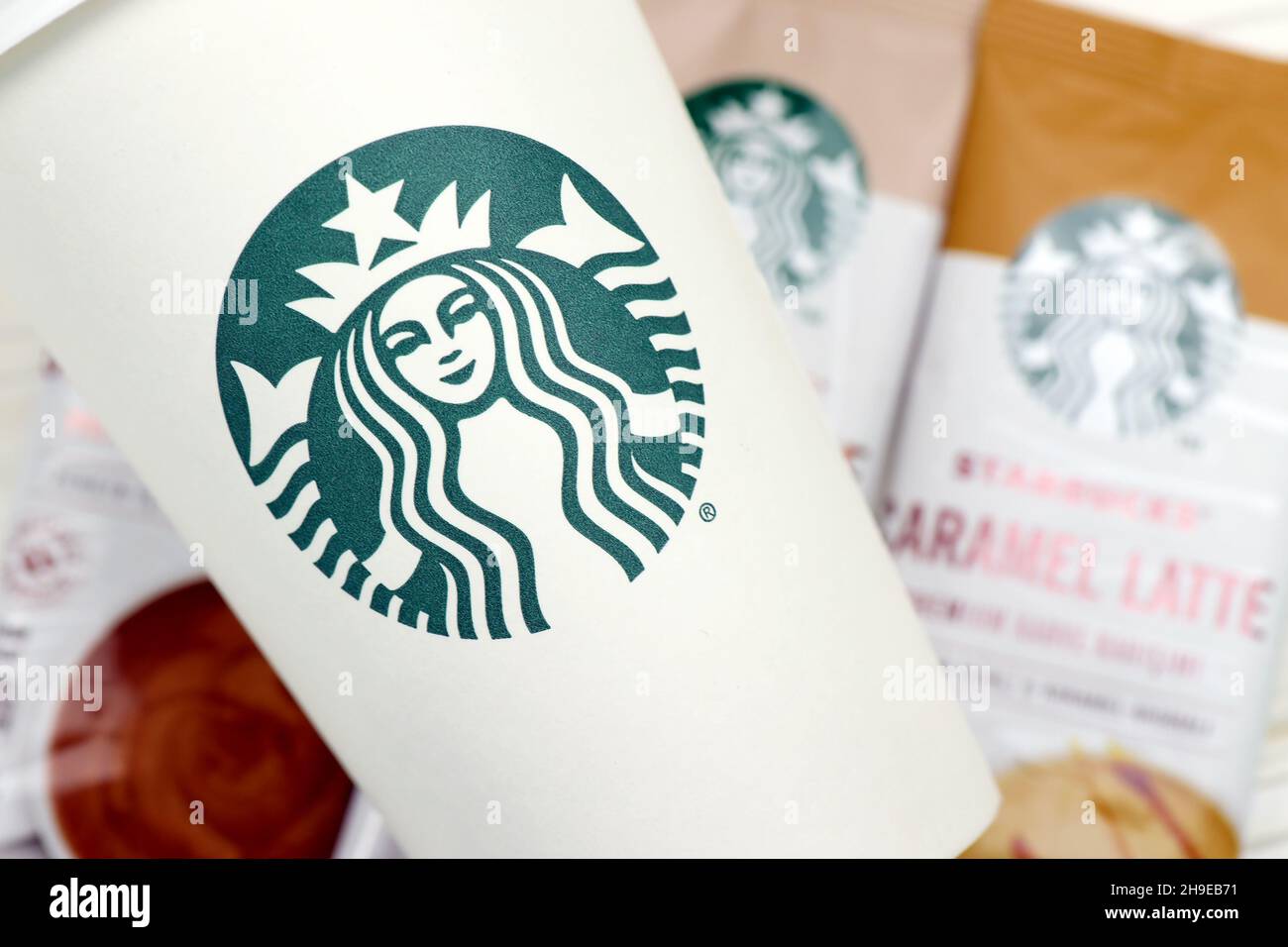 KHARKOV, UKRAINE - JULY 2, 2021: Starbucks cup with green logo ...