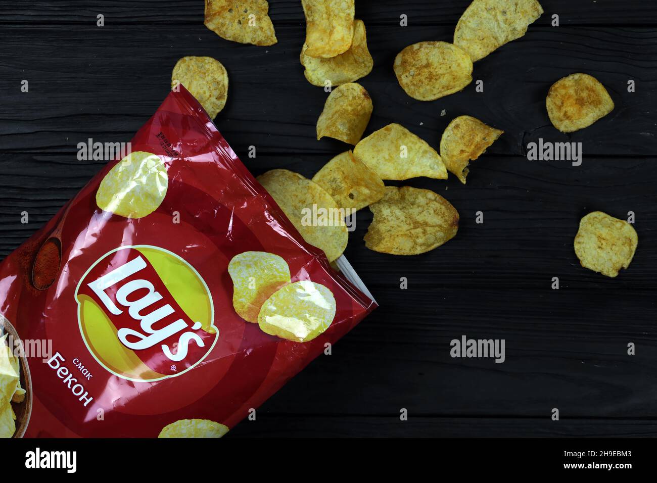 KHARKOV, UKRAINE - JANUARY 3, 2021: Lays potato chips with bacon ...