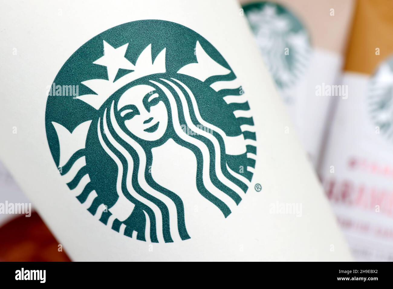 KHARKOV, UKRAINE - JULY 2, 2021: Starbucks cup with green logo ...
