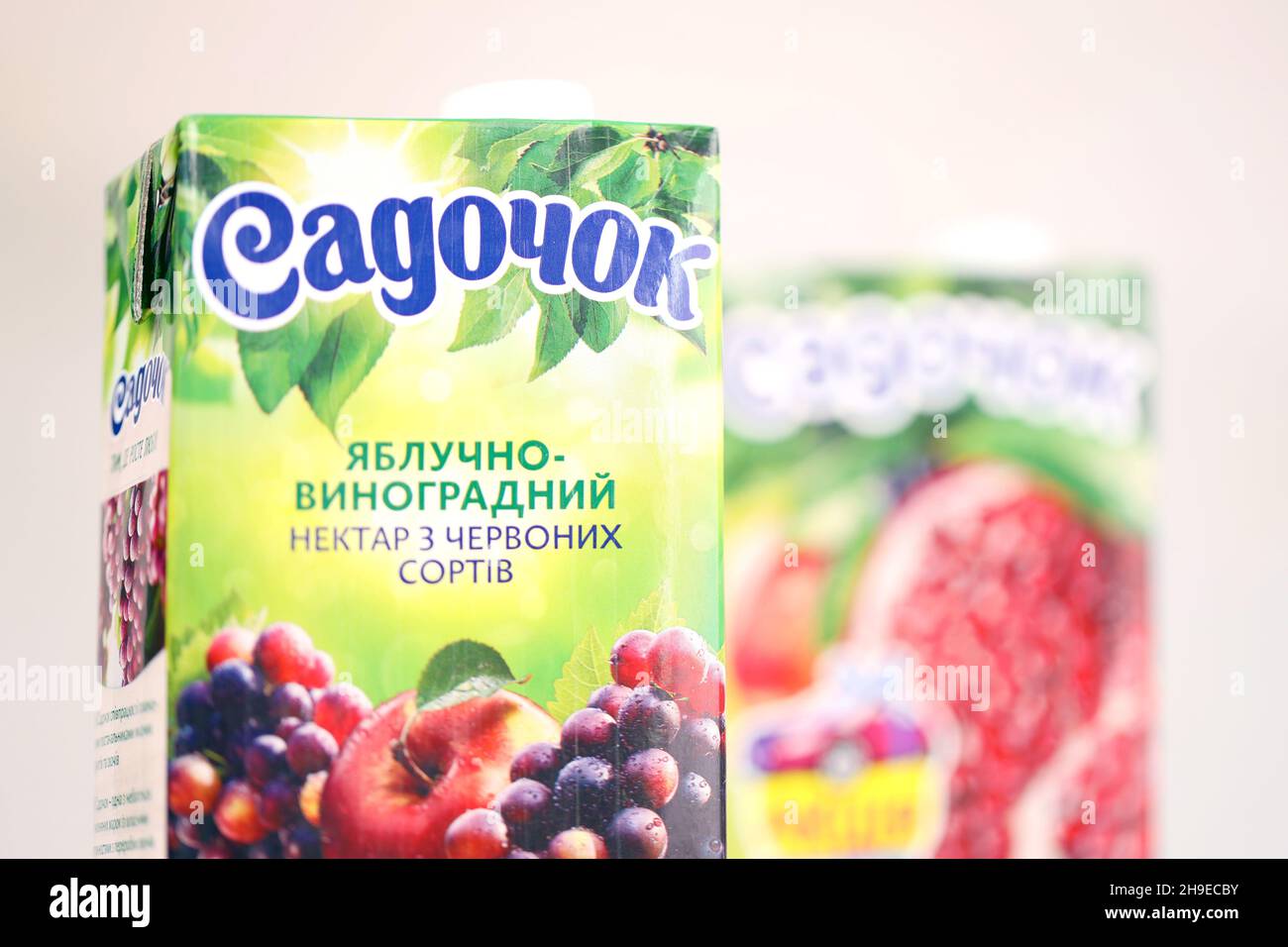 KHARKOV, UKRAINE - JULY 2, 2021: Sadochok Apple and grape nectar from ...