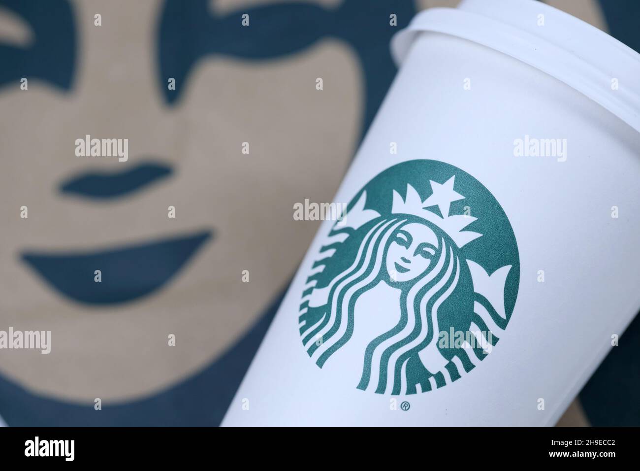 KHARKOV, UKRAINE - MARCH 15, 2021: Starbucks cup with green logo ...