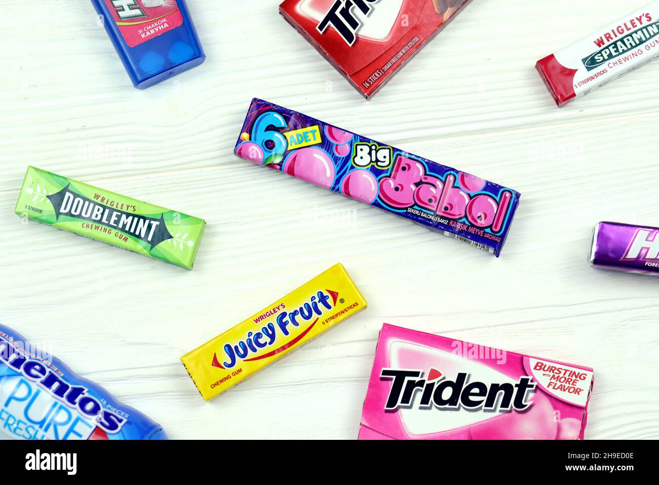 KHARKOV, UKRAINE - JULY 2, 2021: Many chewing gum packs in various ...