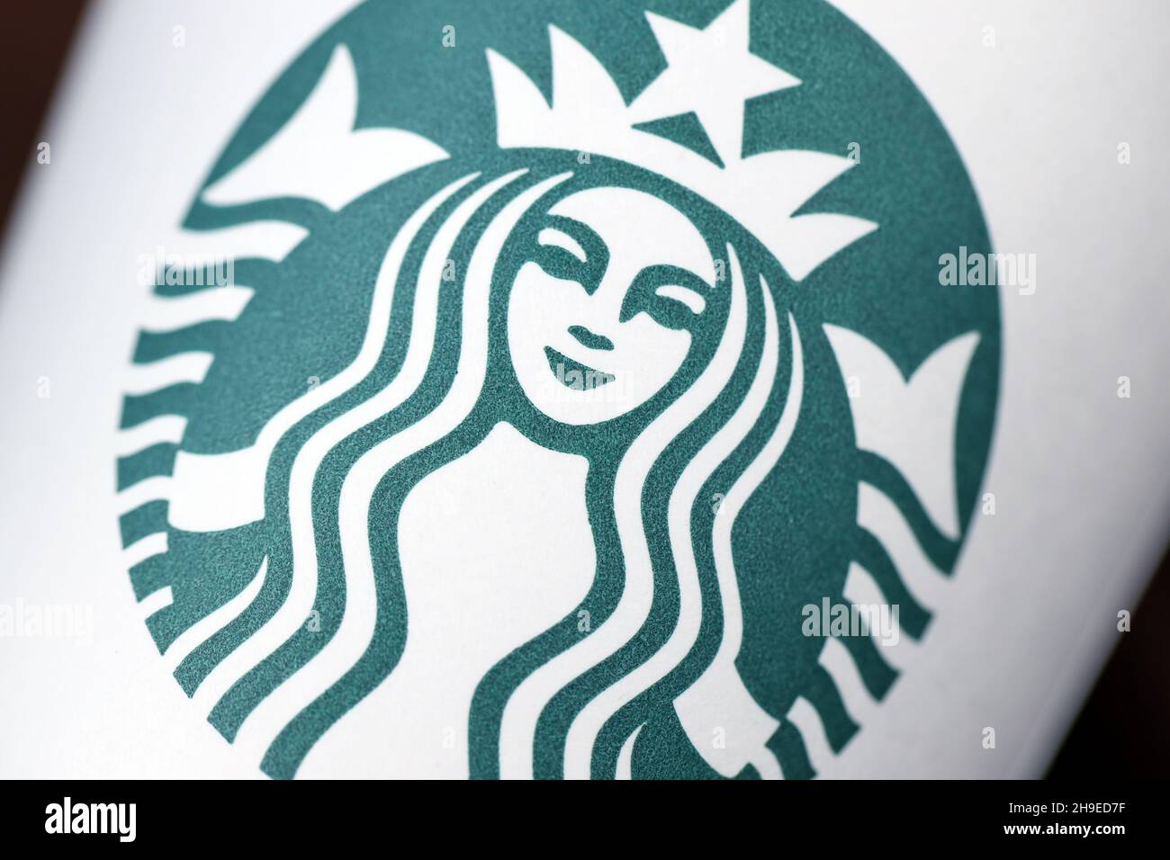 KHARKOV, UKRAINE - MARCH 15, 2021: Starbucks cup with green logo ...
