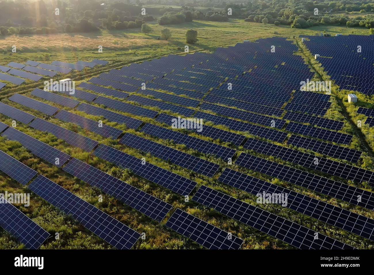 View of a solar power plant, rows of solar panels, solar panels, top ...