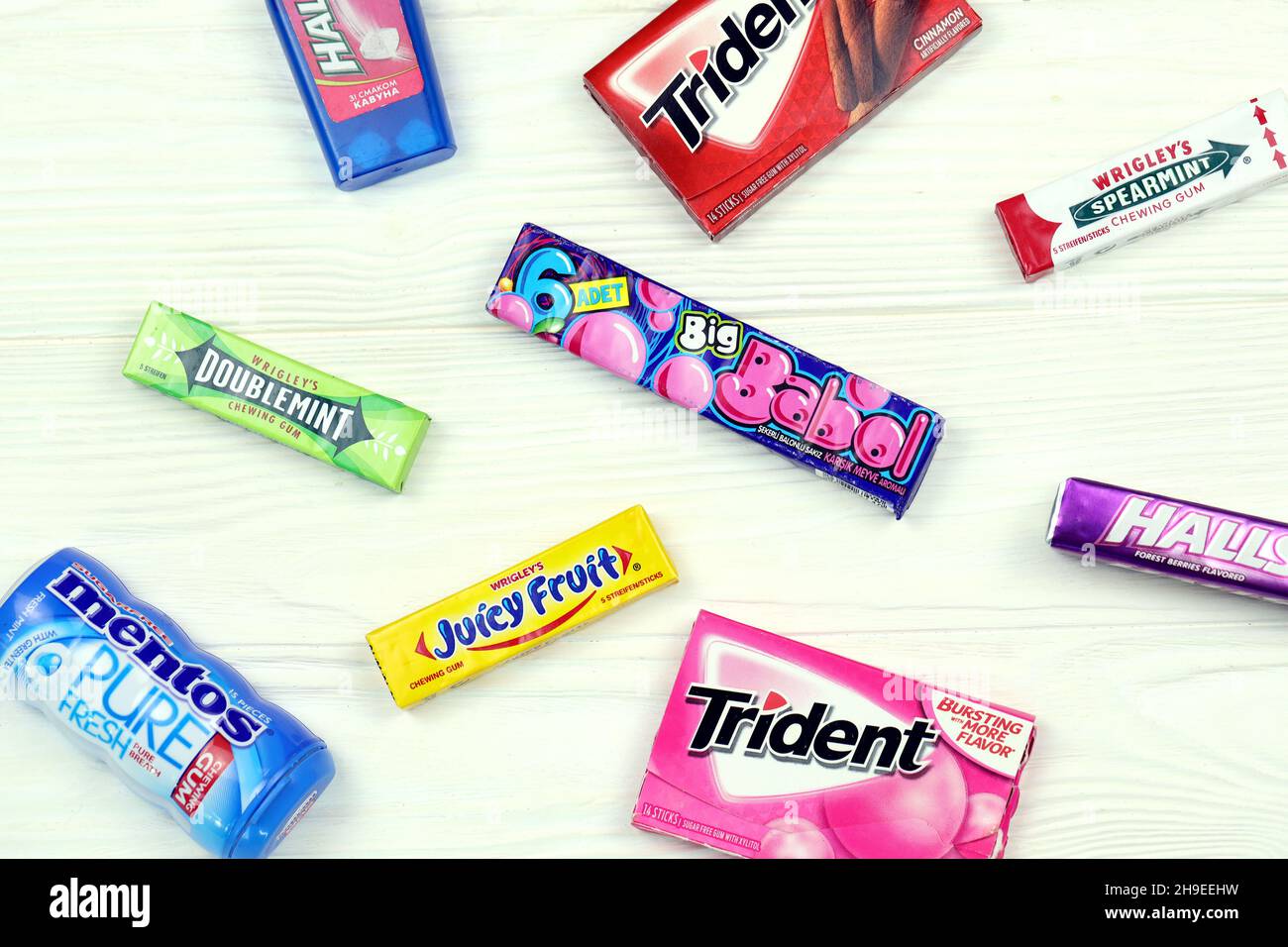 KHARKOV, UKRAINE - JULY 2, 2021: Many chewing gum packs in various ...